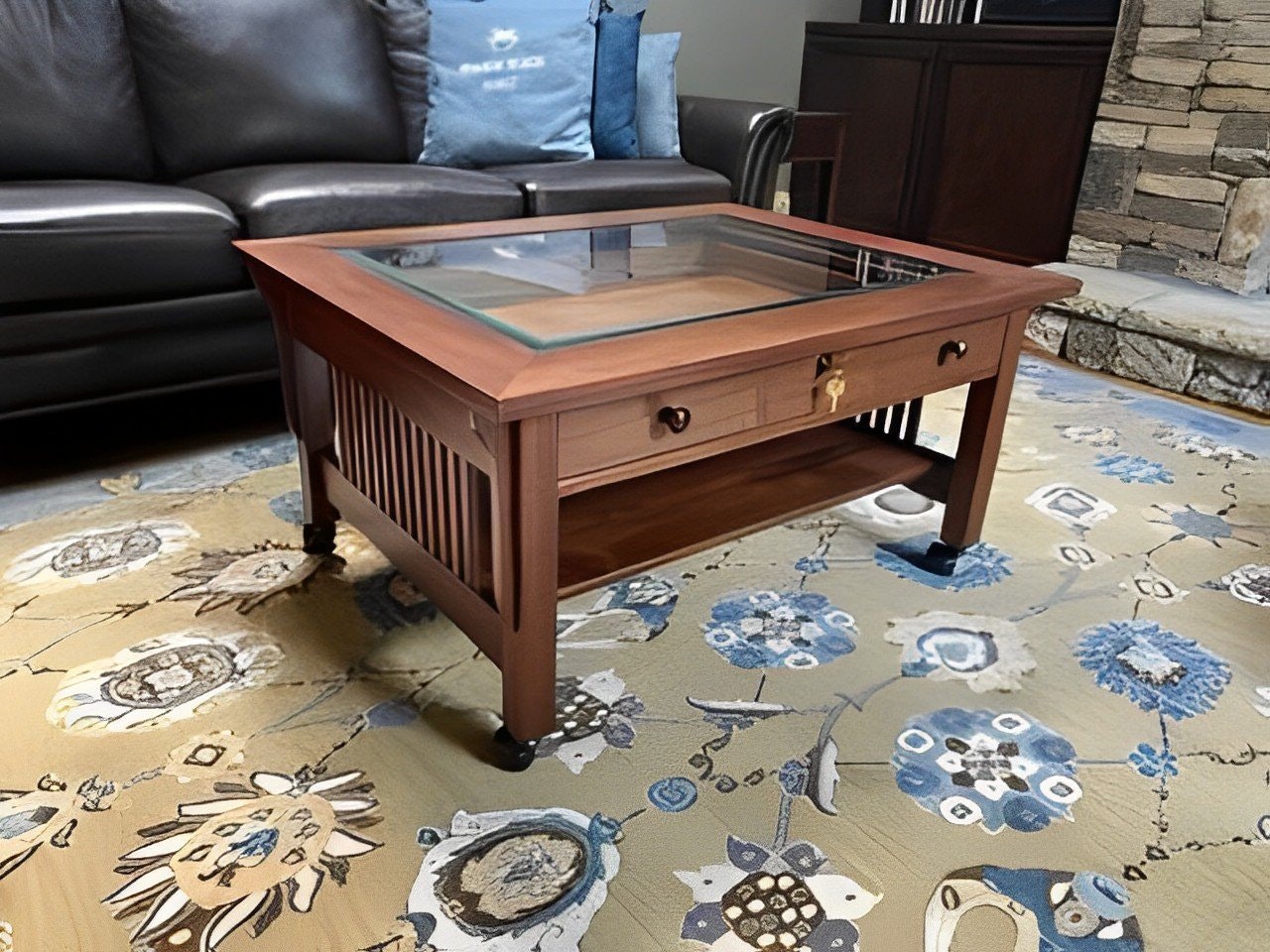 Amish Solid Wood Display Coffee Table – Glass-Top Mission Style