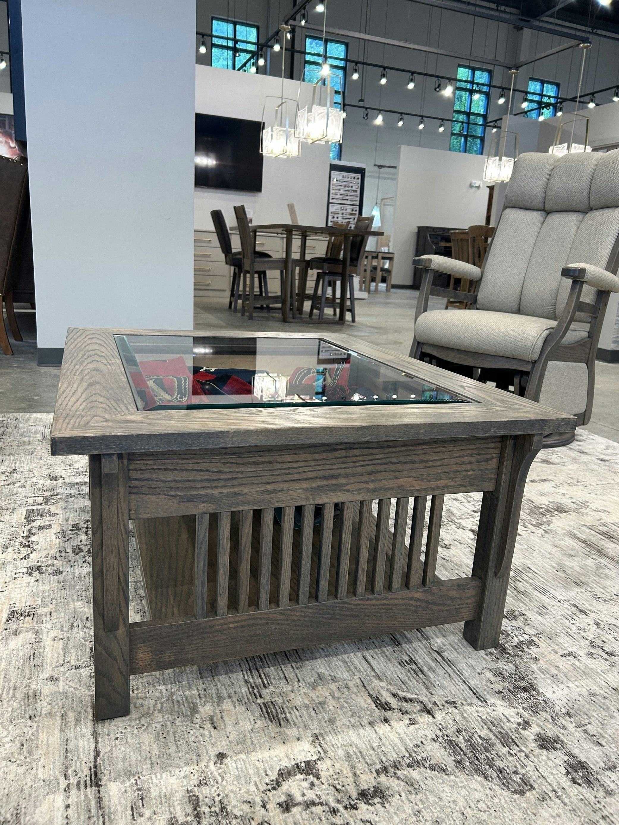 Amish Solid Wood Display Coffee Table – Glass-Top Mission Style