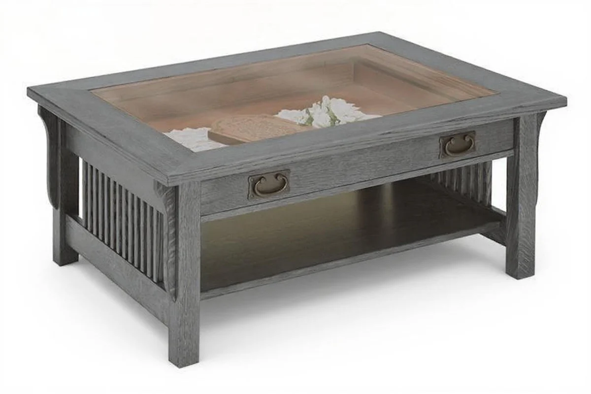 Amish Solid Wood Display Coffee Table – Glass-Top Mission Style