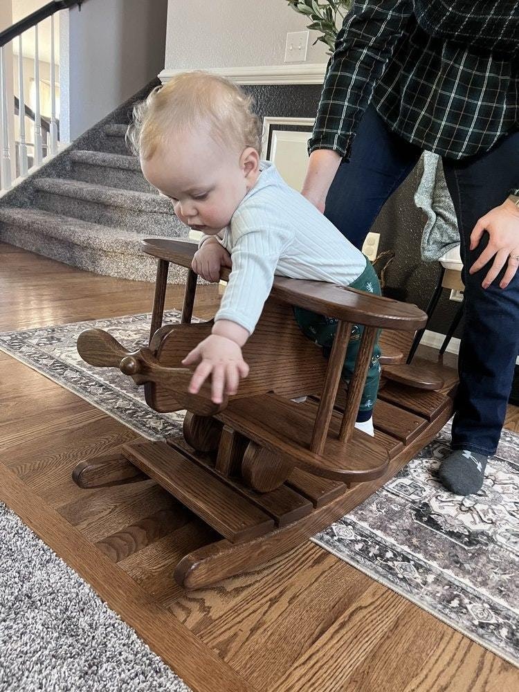 Amish Made Airplane Rocking Toy – Solid Oak Heirloom Rocker