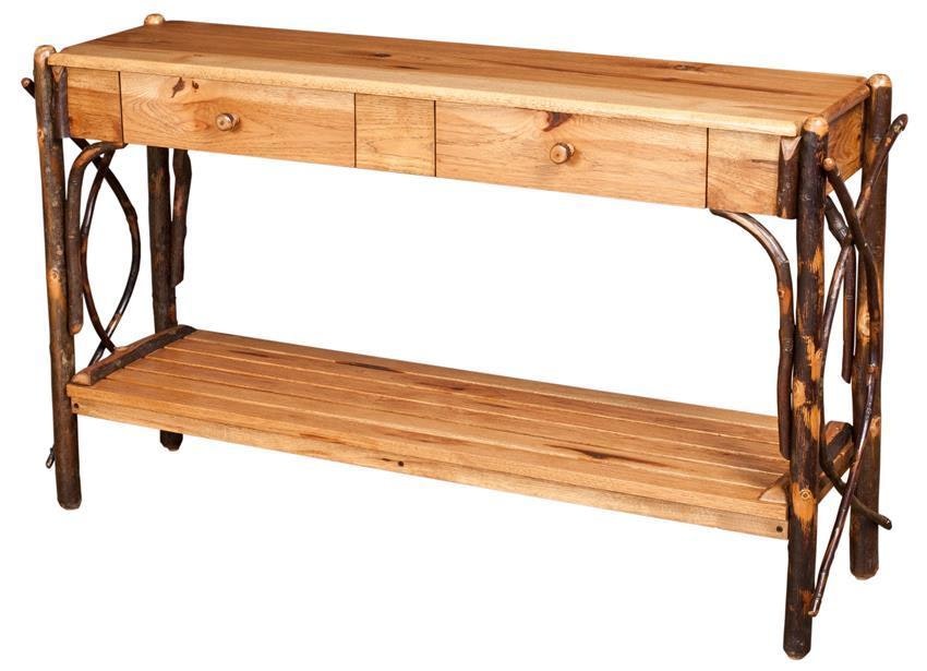 Amish Rustic Sofa Table – Dovetailed Drawers & Hickory Twig Design