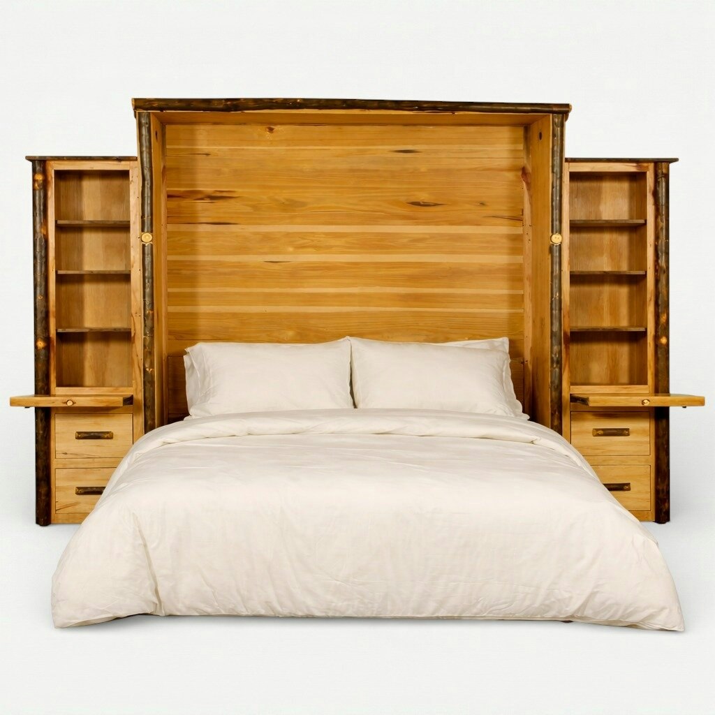 Rustic Hickory Murphy Bed with Storage Towers| DutchCrafters