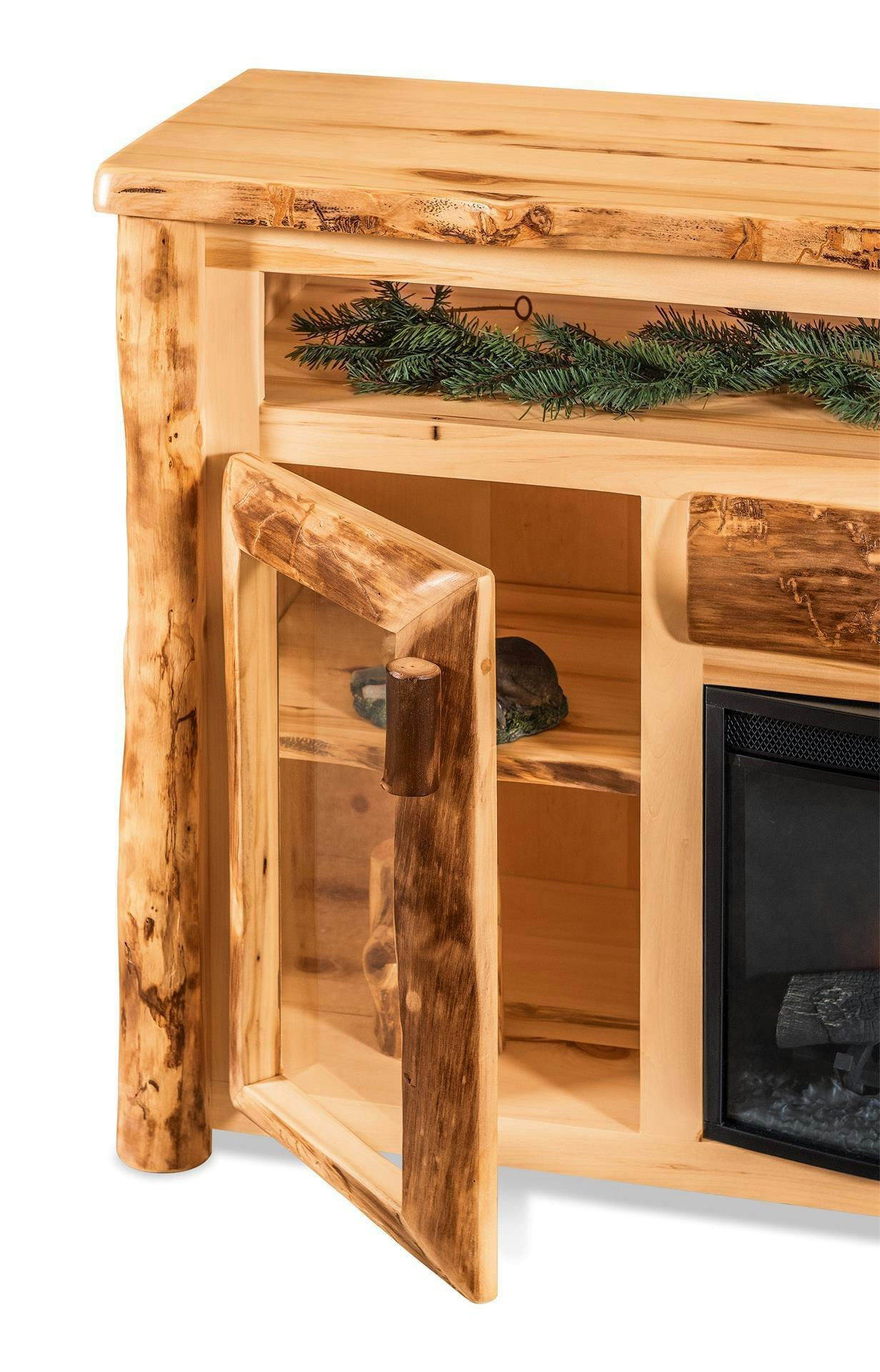 Rustic Log TV Console with 2 Doors & Fireplace | Amish Handcrafted