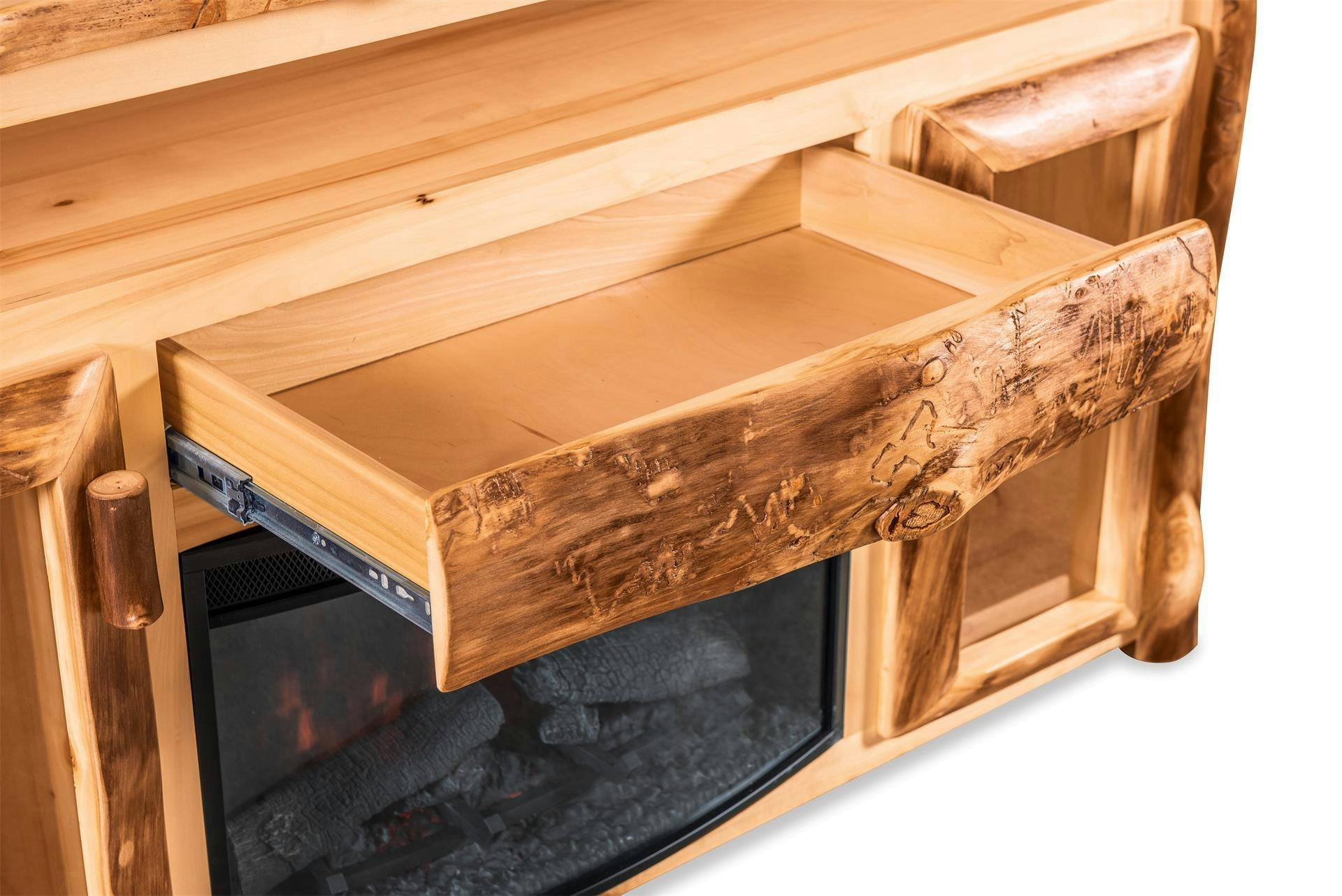 Rustic Log TV Console with 2 Doors & Fireplace | Amish Handcrafted