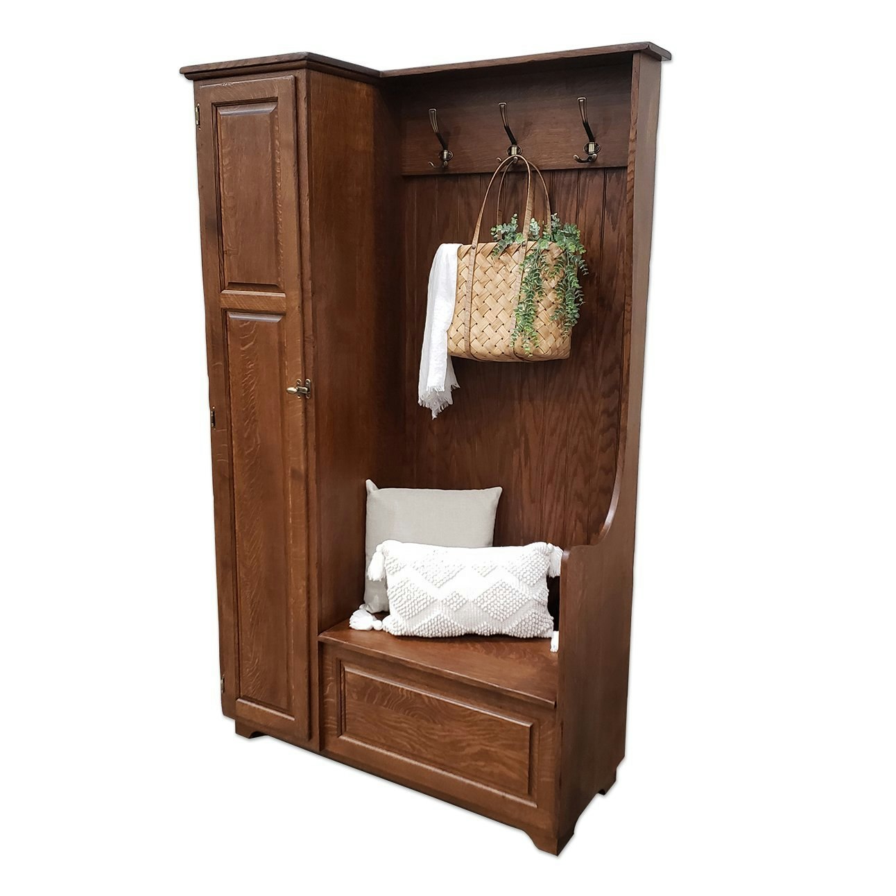 Solid Wood Amish Hall Seat with Bench and Cabinet | Made in the USA