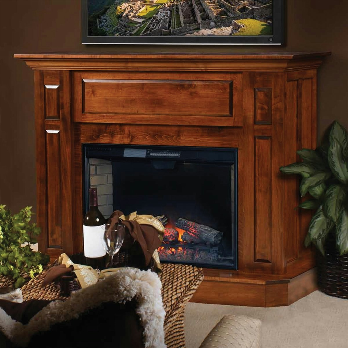 Solid Wood Fireplace Mantel with LED Flames | Amish Handcrafted