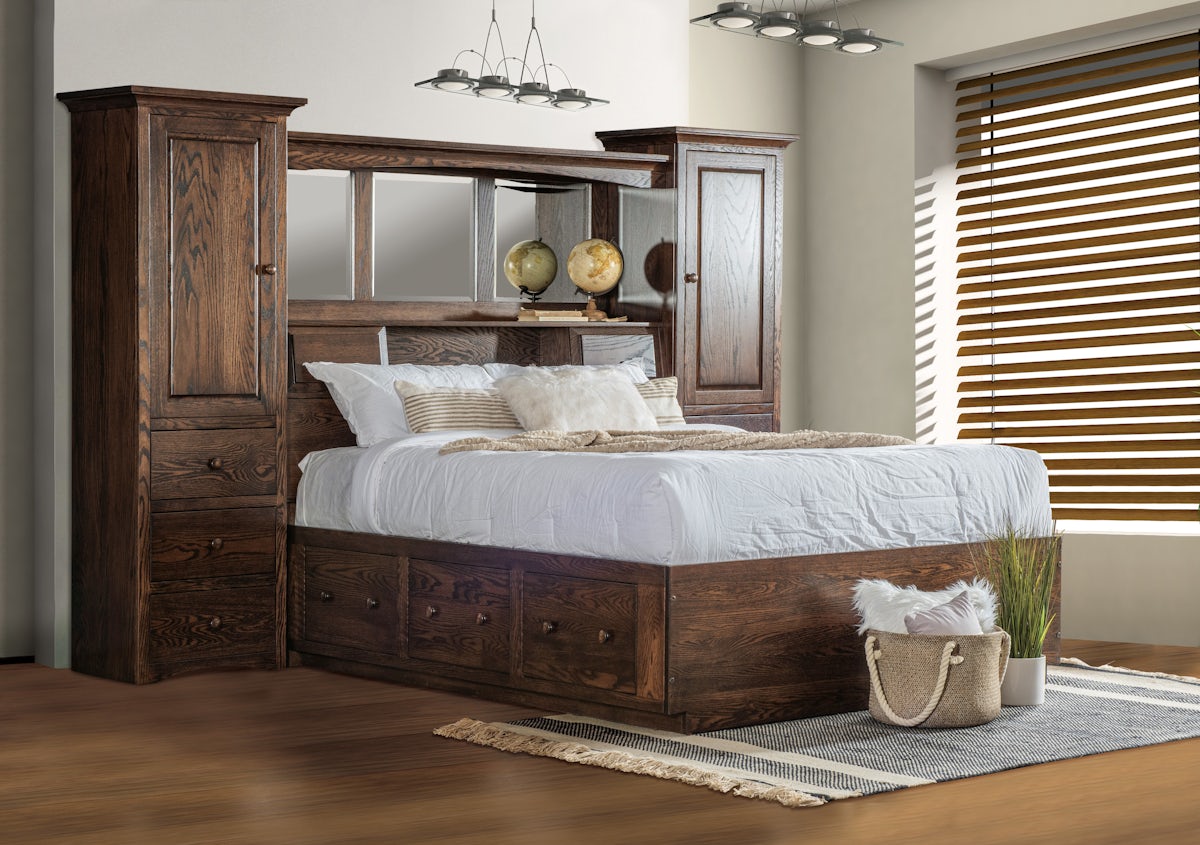 Amish Made Wall Unit Storage Bed | Solid Wood Bedroom Furniture