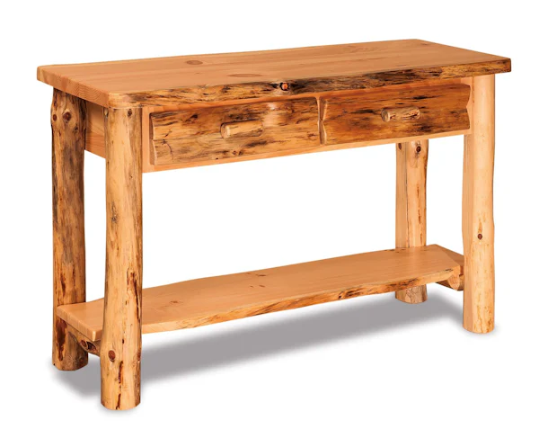 Amish Handcrafted Rustic Log Console Table with Built-In Drawers