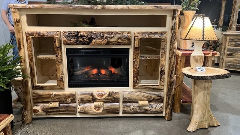 Log Entertainment Center with Built-In Hearth | DutchCrafters