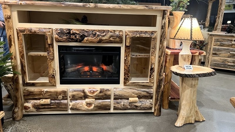 Log Entertainment Center with Built-In Hearth | DutchCrafters