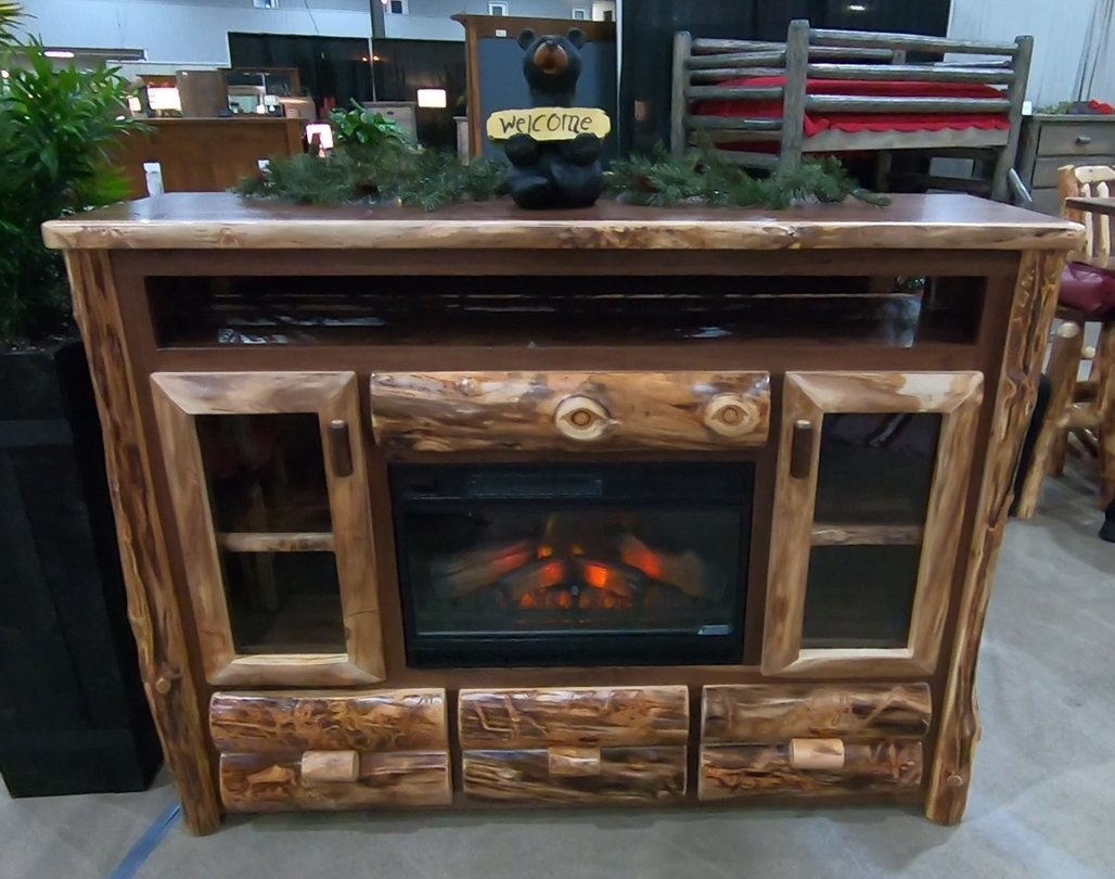 Rustic Log Entertainment Center with Electric Fireplace Insert