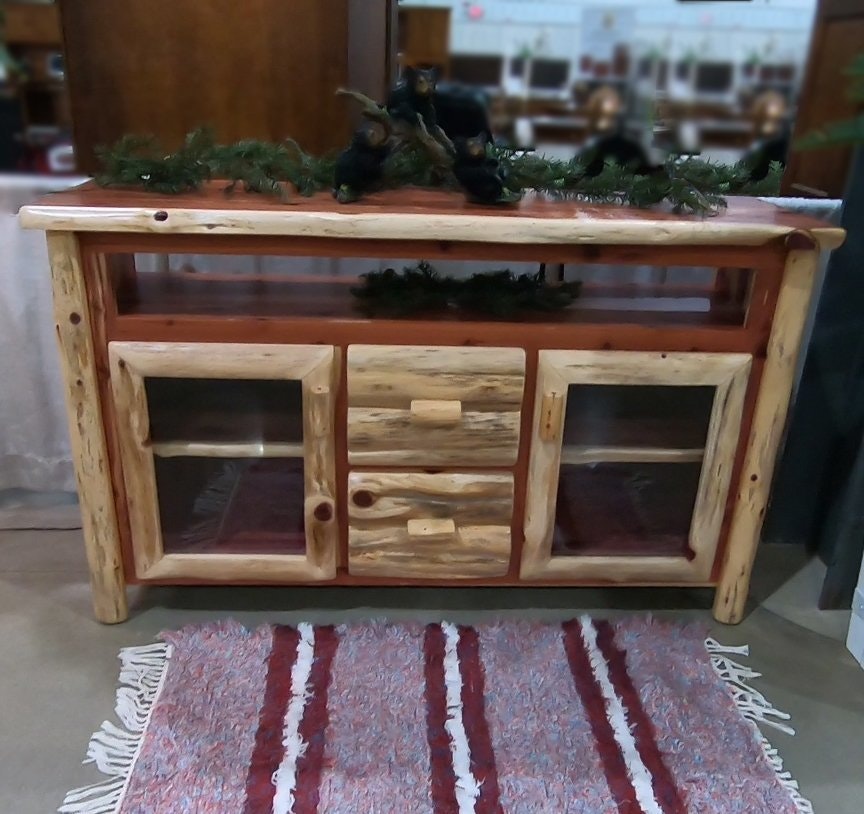 Rustic Log Media Console with Storage Drawers | DutchCrafters