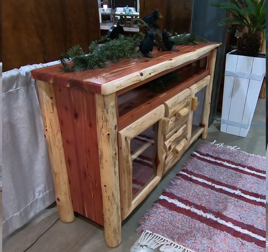 Rustic Log Media Console with Storage Drawers | DutchCrafters