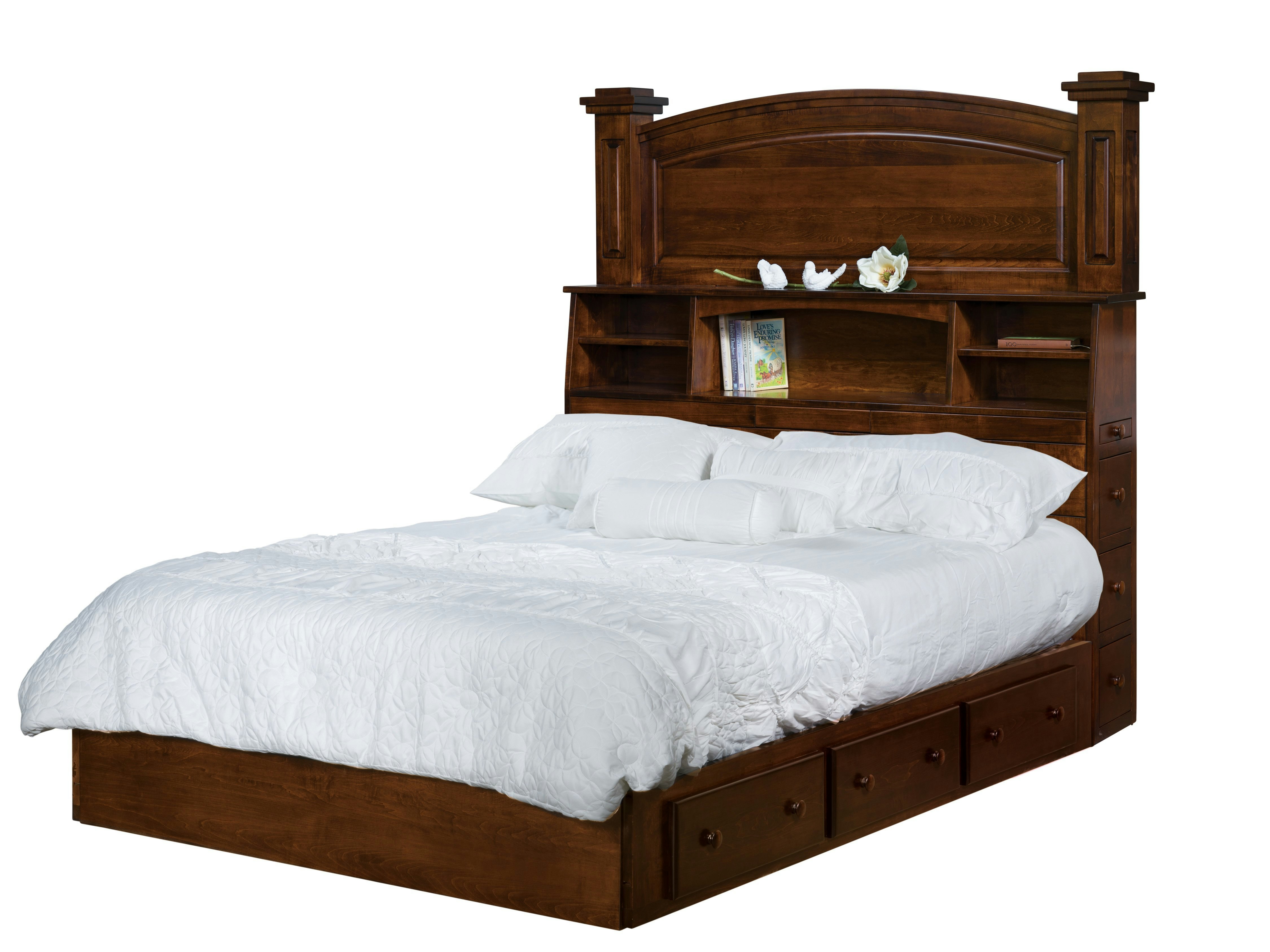 Solid Wood High Bookcase Platform Bed with Storage from DutchCrafters