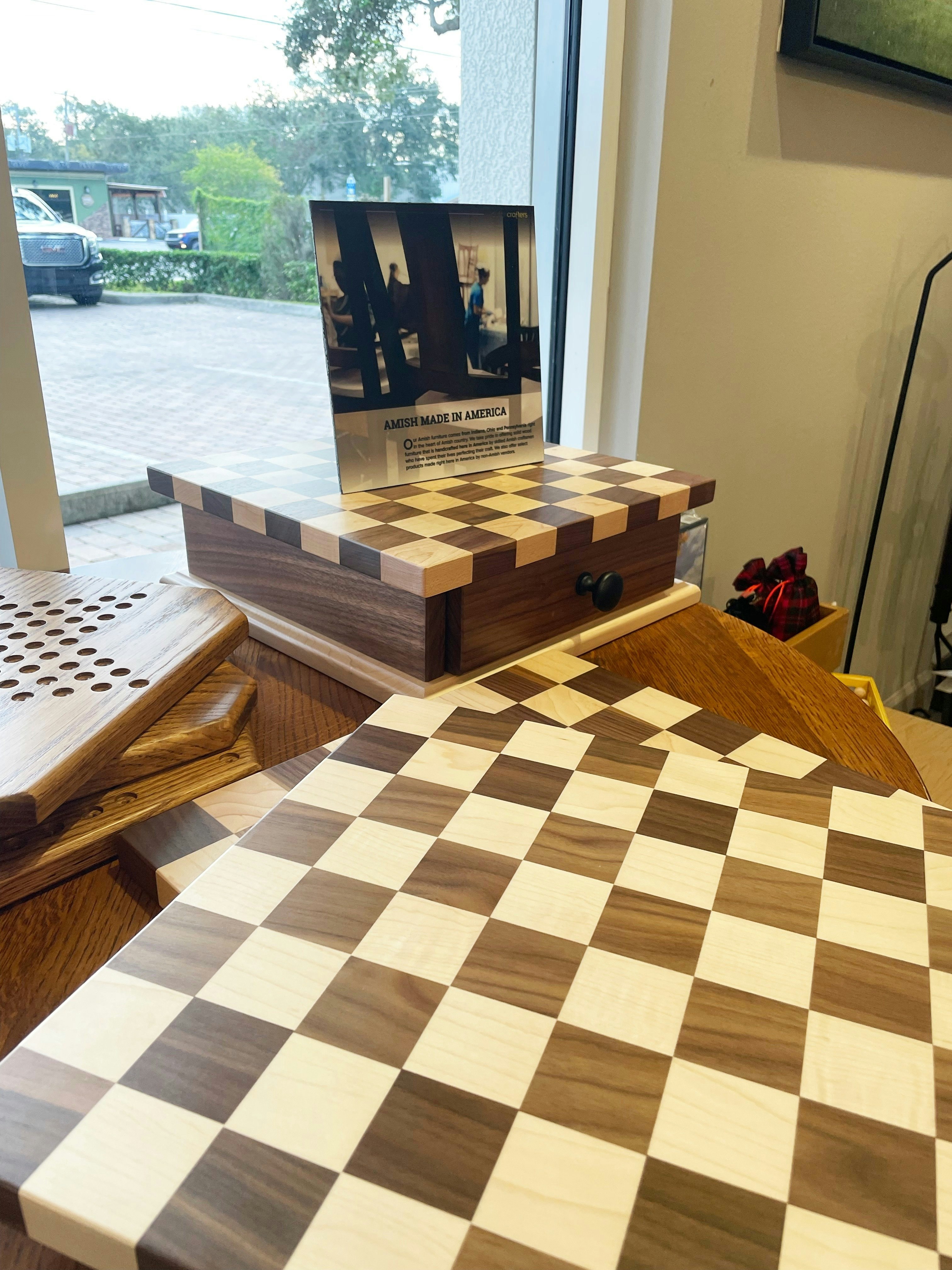 Wooden Checker and Chess Set with Storage Drawer by DutchCrafters
