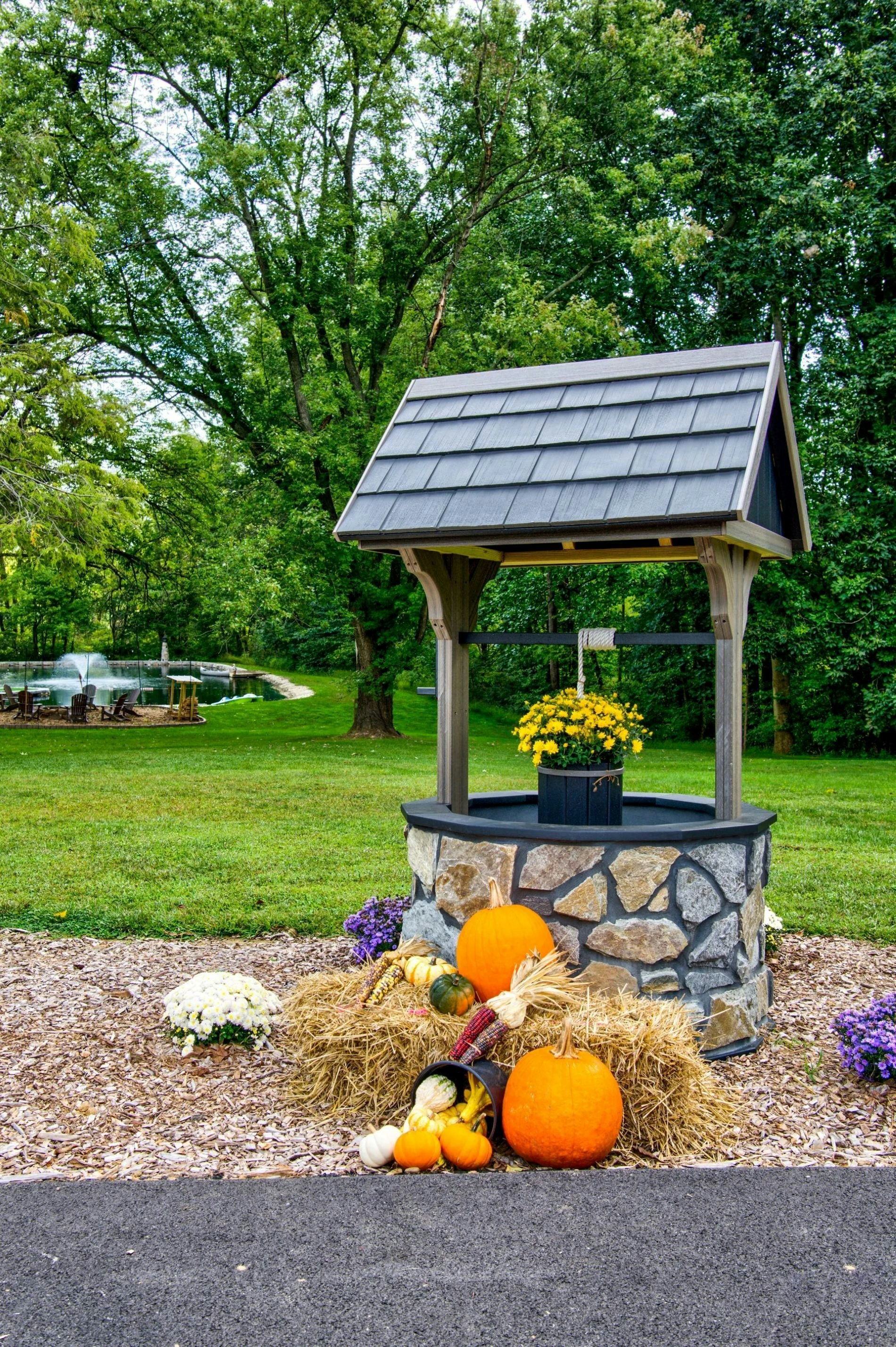 Jumbo Stone Wishing Well with Poly Roof - Handmade Garden Décor