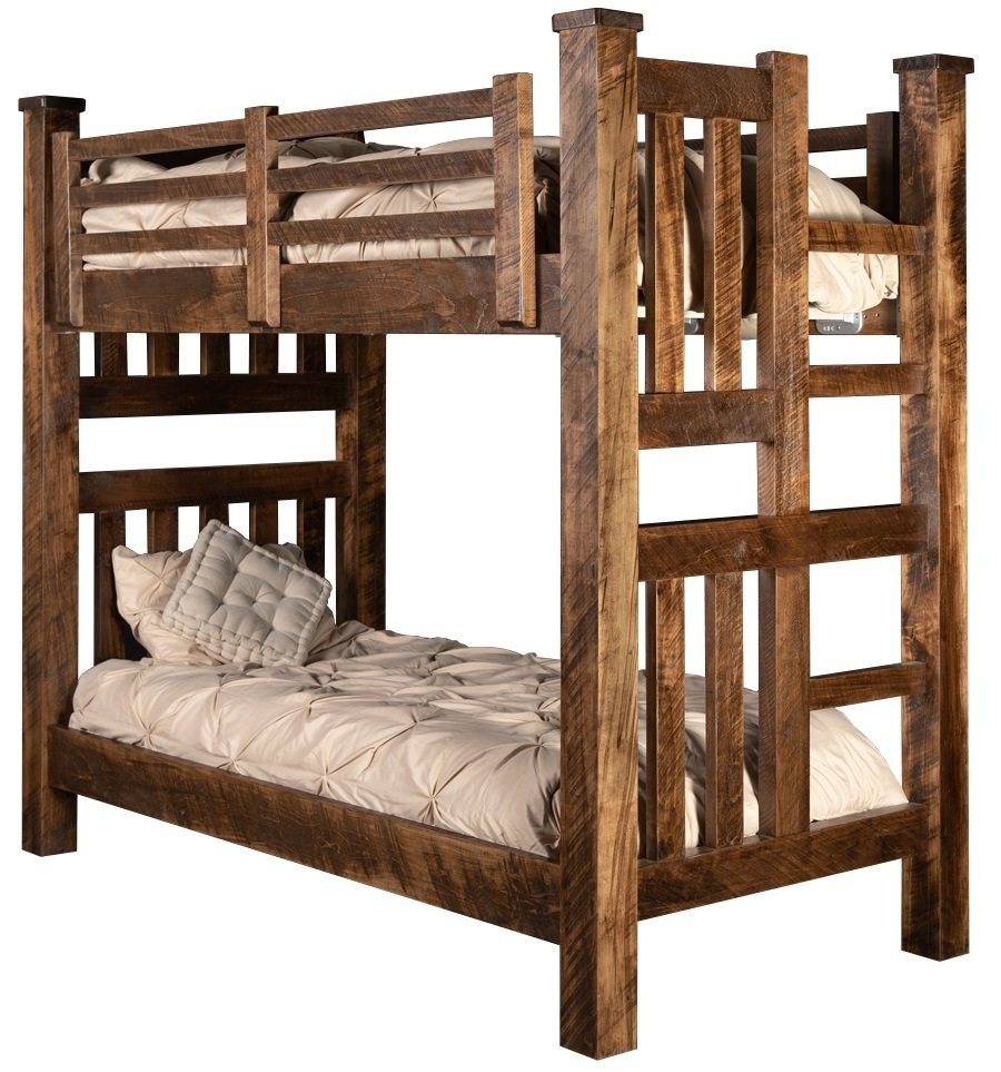 Rough-Cut Maple Wood Bunk Bed Built-In Ladder | DutchCrafters